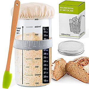WAVEWISE 1000ML Sourdough Starter Jar Wide Mouth with Thermometer Strip, Scraper, Cloth Cover, Aluminum Lid and Date Marked Feeding Band, 35 Oz Sourdough Starter Jar Kit for Sourdough Bread Baking