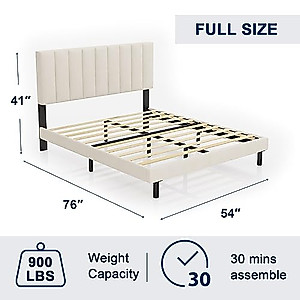 Molblly Full Size Bed Frame Velvet Upholstered Platform with Headboard and Strong Wooden Slats,Mattress Foundation,Non-Slip and Noise-Free,No Box Spring Needed, Easy Assembly,Light Beige