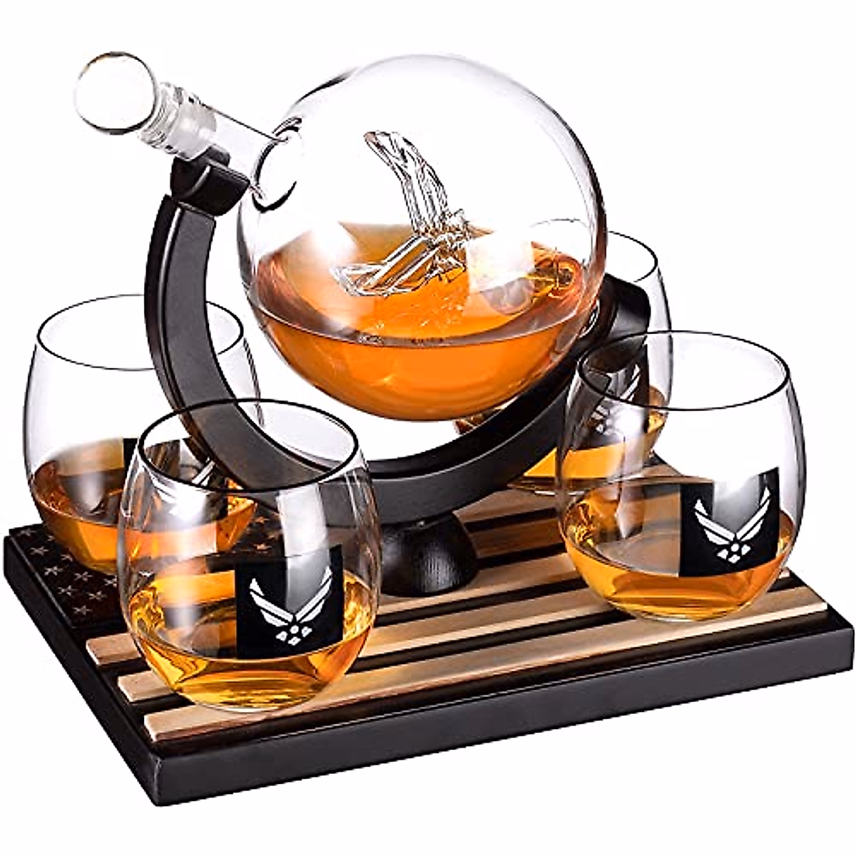 Father's Day Whiskey Decanter Set with 4 Liquor Glasses Air Force Whisky Decanter & Glass Set with Wood Base & 9 Whiskey Stones - US Airforce Gifts for Men - Globe Bourbon & Scotch Gifts for Dad