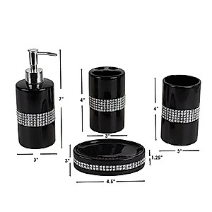 Crystal-Trimmed 4-Piece Ceramic Bathroom Set (Black), Chic Design Bathroom Accessory Set Bath Accessories For Bathroom Includes Soap Dish, Tumbler, Toothbrush Holder, and Lotion Dispenser