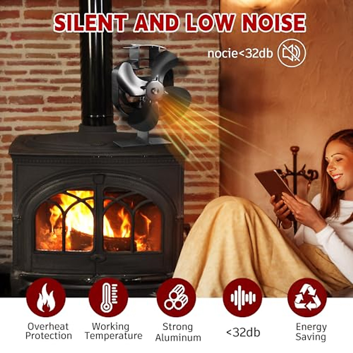 KIAADSY Wood Stove Fan, 4Blades Fireplace Fan Heat Powered for Wood/Fireplace/Log Burner, Efficiently Circulate Warm Air, Silent Design Stove Fan