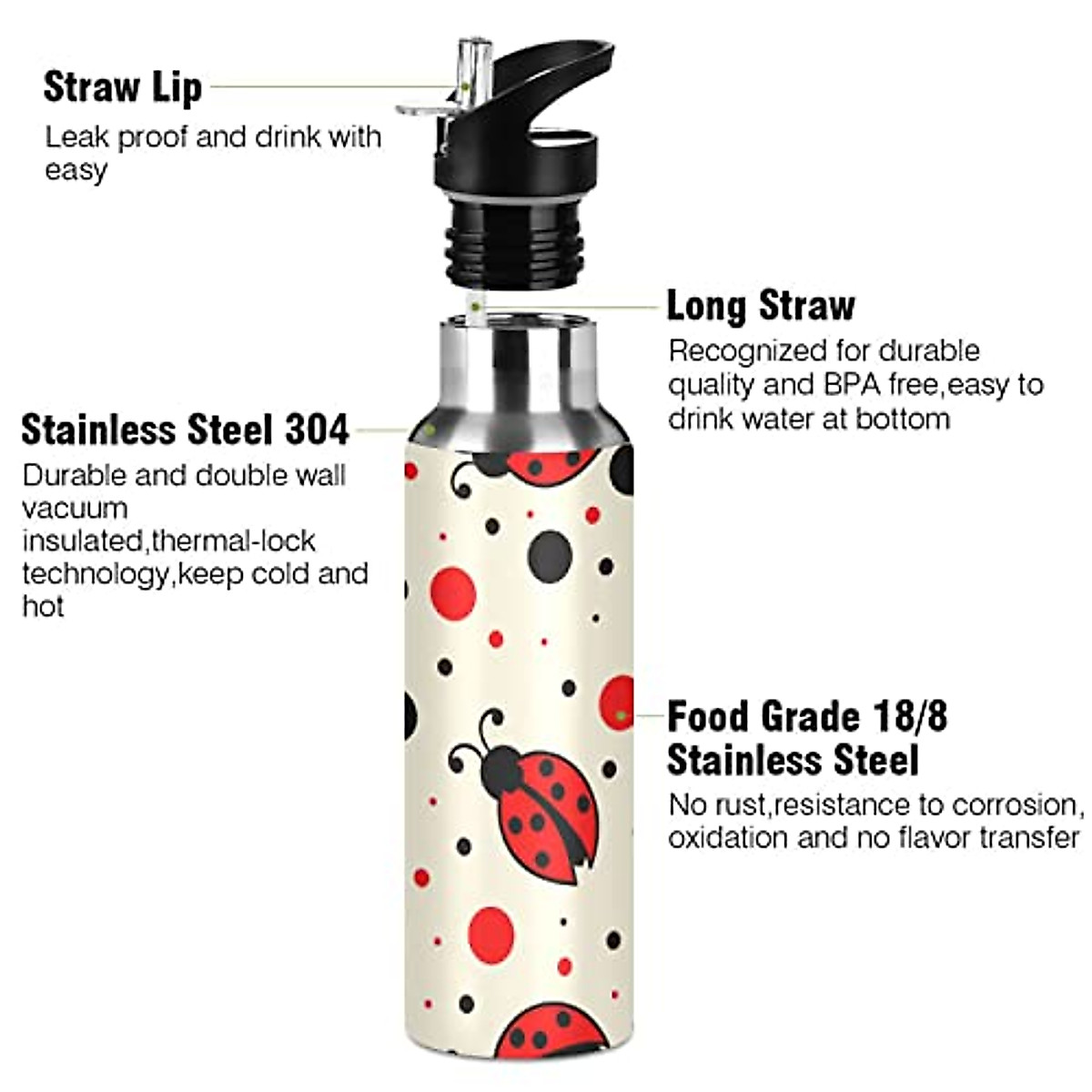 Ladybugs Dots Leak Free Insulated Bottles with Handle 32 oz Vaccuum Bottle with Straw Lid Thermal Bottle for Hiking Biking BAP-Free
