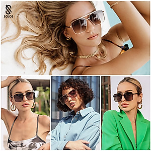 SOJOS Trendy Aviator Sunglasses Womens Oversized Retro Rhinestone Double Bridge Square Women Shades SJ1195 Gold Frame Coffee Lens