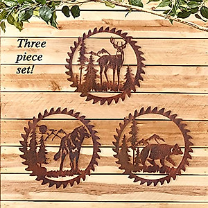 WAIU Metal Cabin Wall Art Decor Deer Bear Wolf in the Forest Pine Tree, 9 Inch Set of 3 Rustic Bronze Concise Saw Blade Decoration Hanging for Living Room Bedroom Bathroom Indoor Outdoor, Lodge