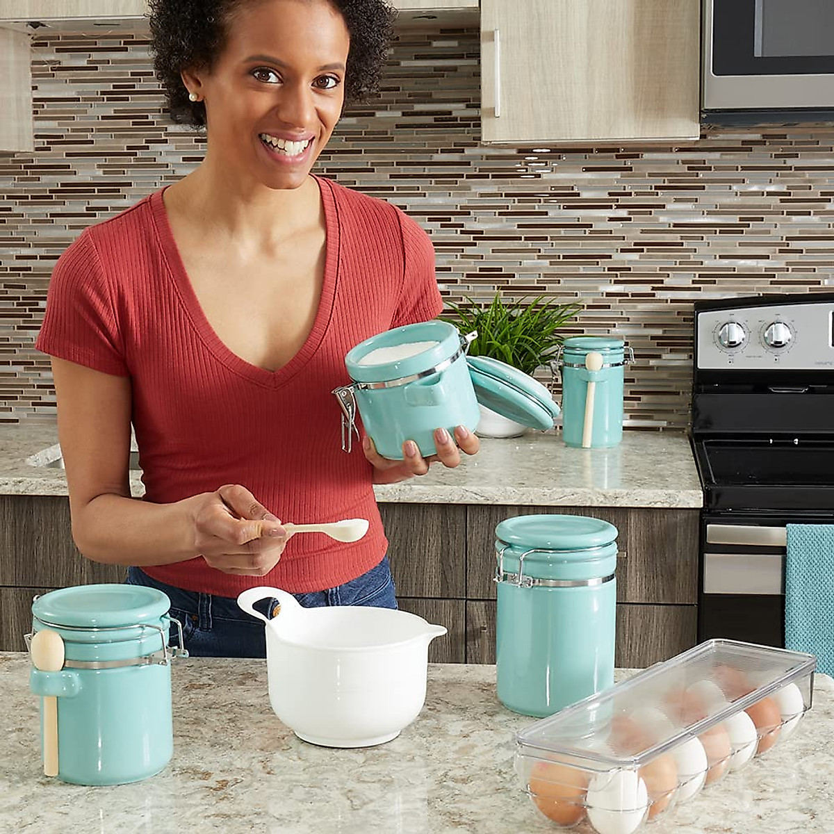 Canister Sets For The Kitchen (4 Piece) Turquoise, High Gloss Ceramic | By Home Basics | Decorative Kitchen Set | With Wooden Spoons, Countertop Set For Flour, Sugar, Coffee, and Snacks