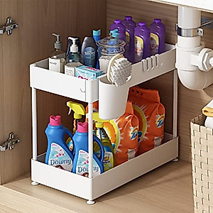 NYYTGE Under Sink Organizer, Under Bathroom Cabinet Storage 2 Tier Under Sink Storage Rack with 6 Hooks, Under Cabinet Organizer Baskets, Multi-purpose Under Sink Shelf Organizer for Bathroom Kitchen