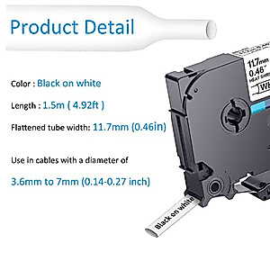 Hehua Compatible Heat Shrink Label Tape Replacement for Brother Tube Label HSe-231 HSe231 HS-231 HS231 Black on White Use in PT-E300 PT-E500 PT-P750WVP ( 0.46''x 4.92ft, 11.7mm x 1.5m, 3 Pack )