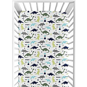 Sweet JoJo Designs Mod Dino Boy Jersey Stretch Knit Baby Fitted Crib Sheet for Soft Toddler Bed Nursery - Blue, Green and Grey Modern Dinosaur
