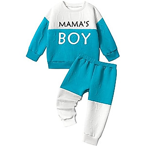 ADIFUN toddler Boy Clothes 2t-3t boys sweatshirt Outfits Fall Winter clothes baby boy's clothing MAMA'S BOY white blue Color Block Long Sleeve 2Pcs