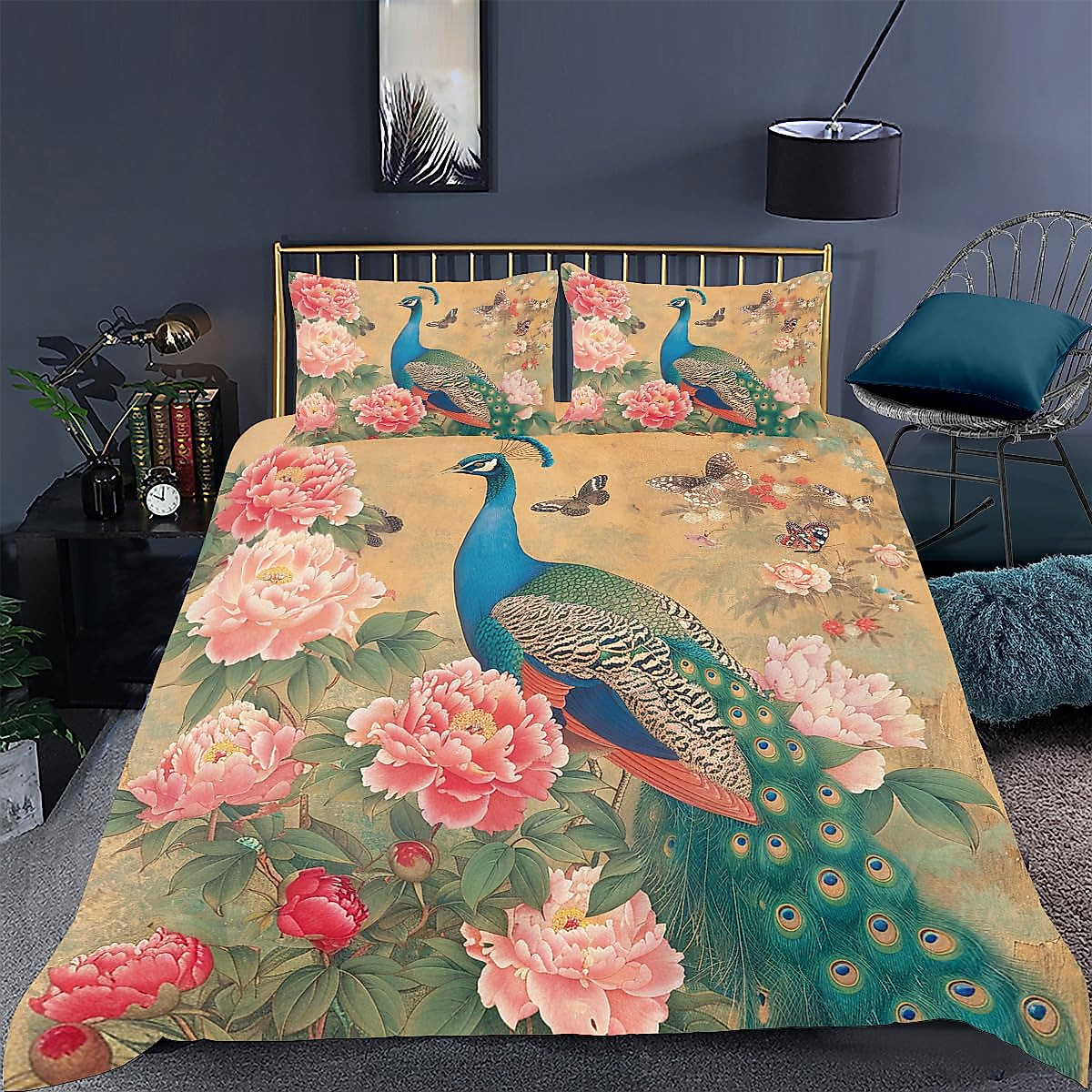 CCoutueChen Retro Pink Floral Duvet Cover Green Peacock Bedding Set Queen Size Elegant Butterflies Botanical Flowers Leaves Bed Set Peacock Bird Pattern Comforter Cover for Adult Women Girls Decor