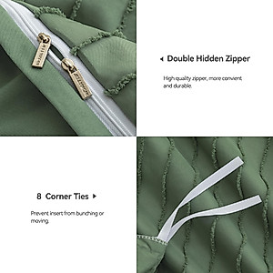 JELLYMONI Green Duvet Cover Queen Size - 3PCS Microfiber Tufted, Boho Striped, Textured Duvet Cover with Corner Ties & Zipper Closure