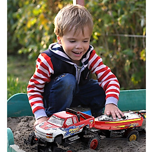 Mozlly Monster Truck Toys Set with Trailer Toy Boat - Friction Powered Hauling Truck and Trailer Toy, Big Toy Monster Truck with Boat, Adventure Truck Pulling Boat Toy Monster Trucks for Kids - 9 Inch