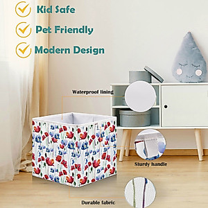 visesunny Closet Baskets Stylized Poppy Flower Storage Bins Fabric Baskets for Organizing Shelves Foldable Storage Cube Bins for Clothes, Toys, Baby Toiletry, Office Supply