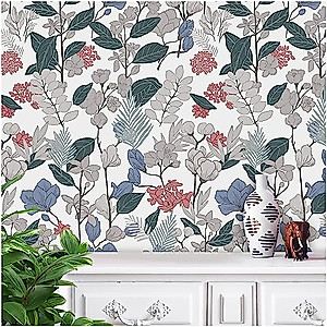 Floral Peel and Stick Wallpaper Boho Easy Peel off Wallpaper Blue Magnolia/Red Hydrangea/Grey Removable Bedroom Contact Paper Renter Friendly Self Adhesive Wallpaper with Knife Tape Measure 17.3"X118"
