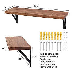 Wood Floating Shelves Set of 2 Solid Shelving Wall Mounted 16 Inch for Kitchen Bedroom Living Room Office Wooden Decor Shelf by Beardo