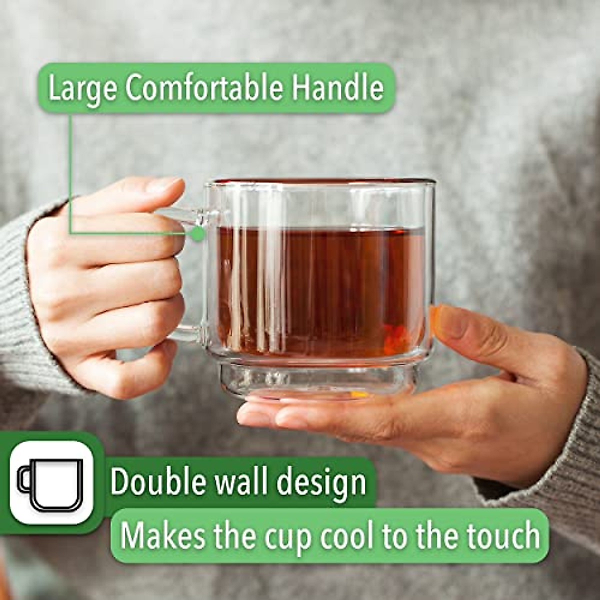 BTaT- Stackable Insulated Coffee Mugs, Glass Tea Mugs, Set of 4 (12 oz, 350 ml), Double Wall Glass Coffee Cups, Tea Cups, Latte Cups, Beer Glasses, Latte Mug, Clear Mugs, Mother's Day Gift