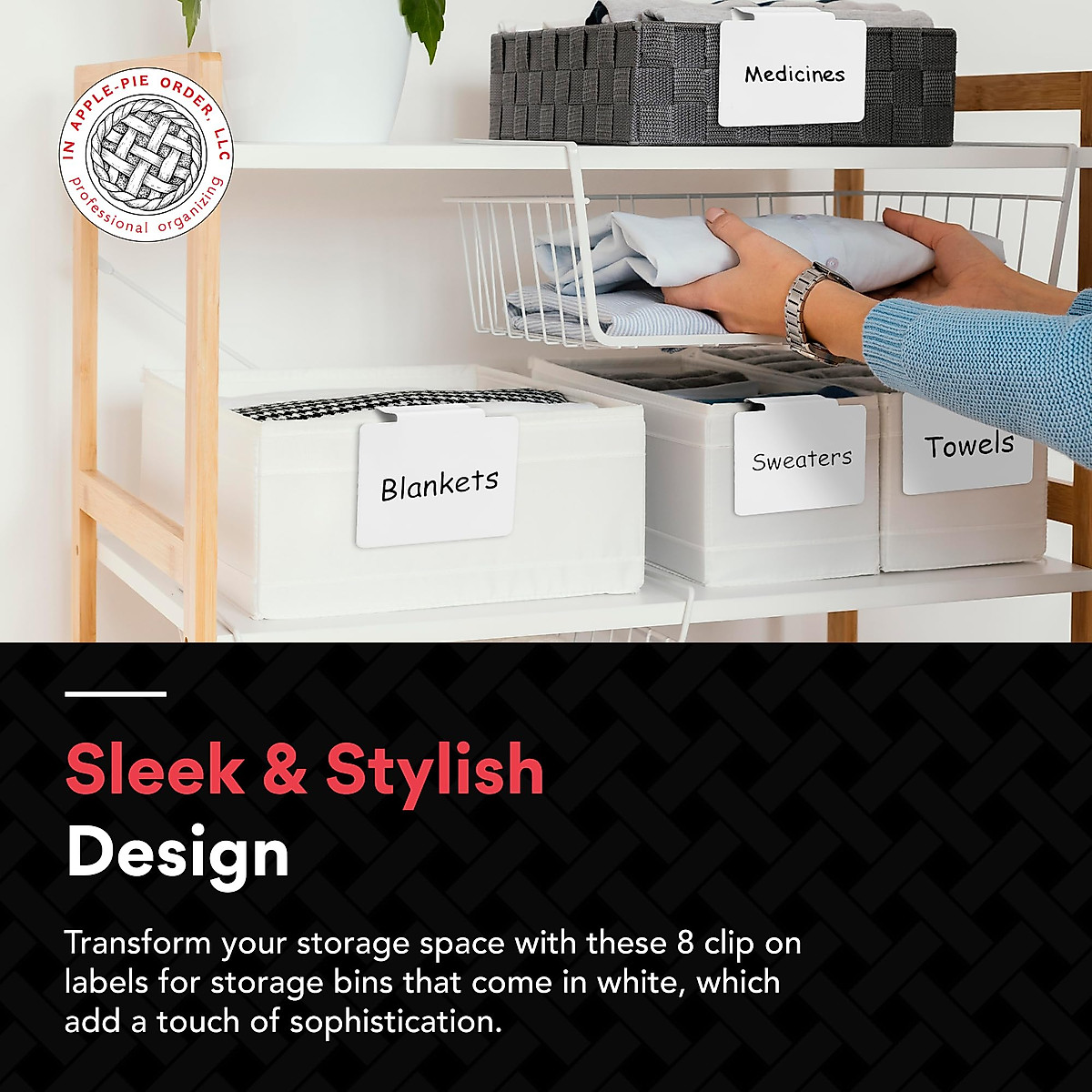 Labels for Storage Bins | Metal Storage Bin Labels (2.5” x 3.5”) - Set of 8 Basket Clip On Labels for Storage Bins w/Non-Slip Grip Pads & Dry Erase Marker - Removable Bin Labels for Storage Bins