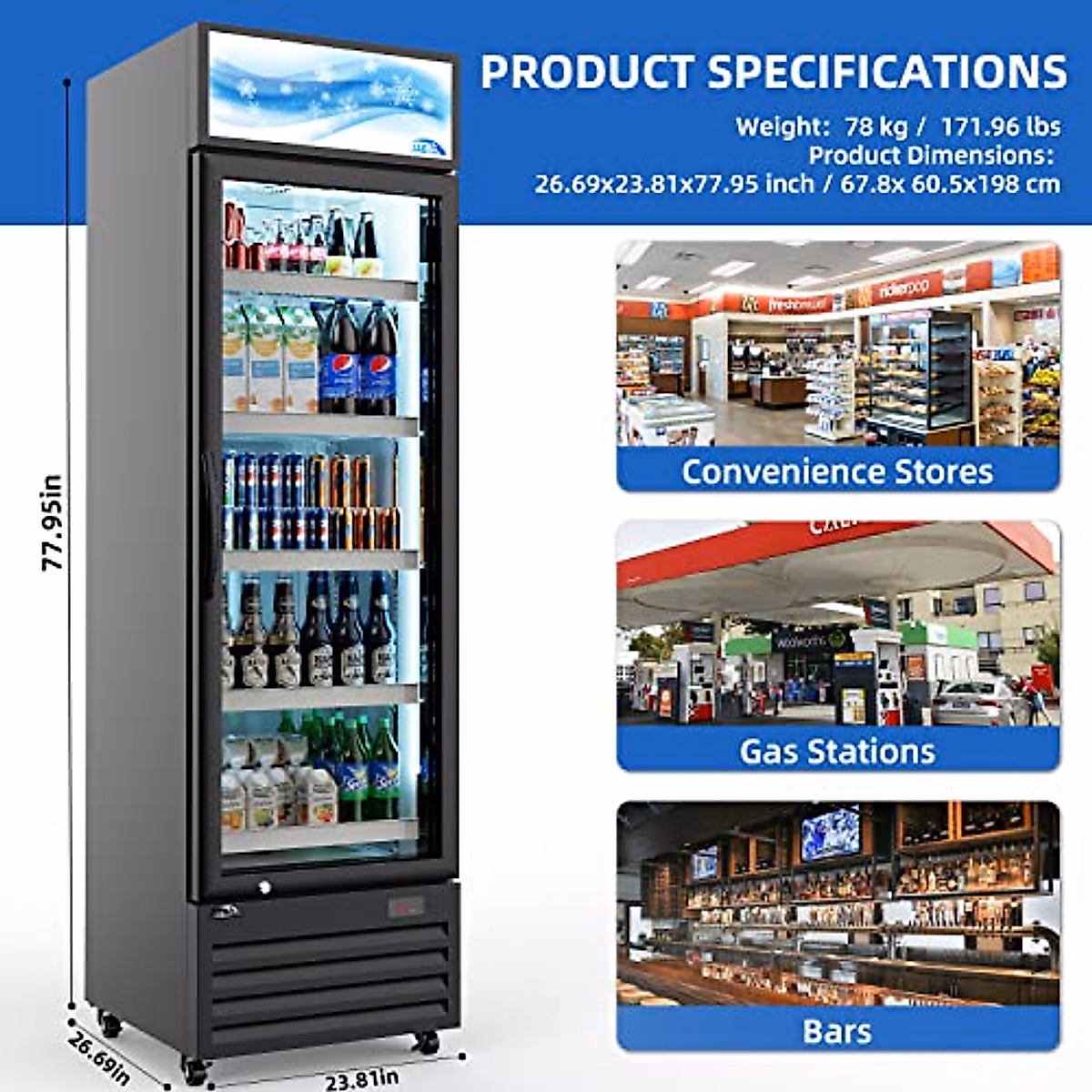 JAECOOL Commercial Beverage Refrigerator Cooler, Merchandiser Refrigerator with Glass Door, Upright Display Refrigerator, Auto-defrost, R290 Eco-friendly, ETL, 12.8 Cu. Ft