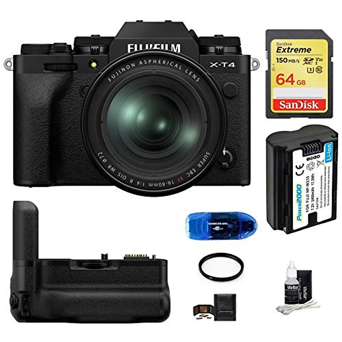 Fujifilm X-T4 Mirrorless Digital Camera with XF 16-80mm f/4 R OIS WR Lens (Black) Bundle, Includes: SanDisk 64GB Extreme SDXC Memory Card, Fujifilm VG-XT4 Battery Grip and More (8 Items)