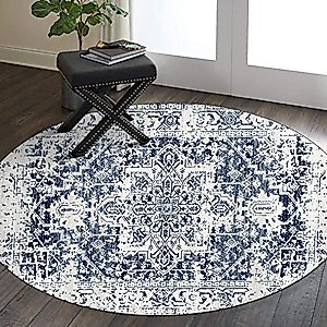 RoomTalks Blue Ultra Thin Vintage Distressed Persian Around Area Rug 5ft Non-Slip Circle Rugs for Bedroom Living Room Dining Room Table Office Flatweave Stain Resistant Machine Washable
