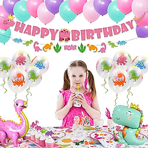Mpanwen Girl Dinosaur Birthday Party Decorations, Three Rex Pink Dinosaur Dino Party Supplies for Girls Baby - Banner, Cake, and Cupcake Toppers, Balloons