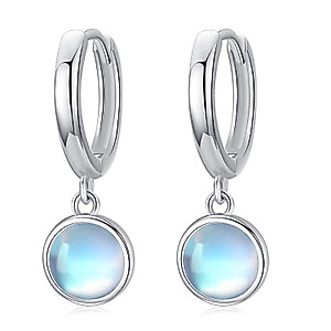Cuoka Round Moonstone Earrings 925 Sterling Silver Small Moonstone Bead Hoop Earrings Rainbow Moonstone Dangle Earrings Jewelry for Women Mom
