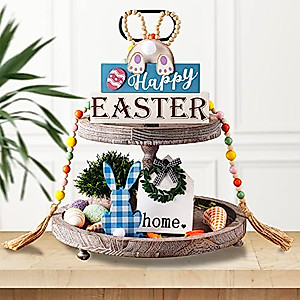 OYATON Easter Decorations for the Home - Rustic Spring Happy Easter Bunny Wood Sign Block with Egg and Wooden Beads Decor for Table, Mantle, Tiered Tray - Indoor Mini Easter Decor