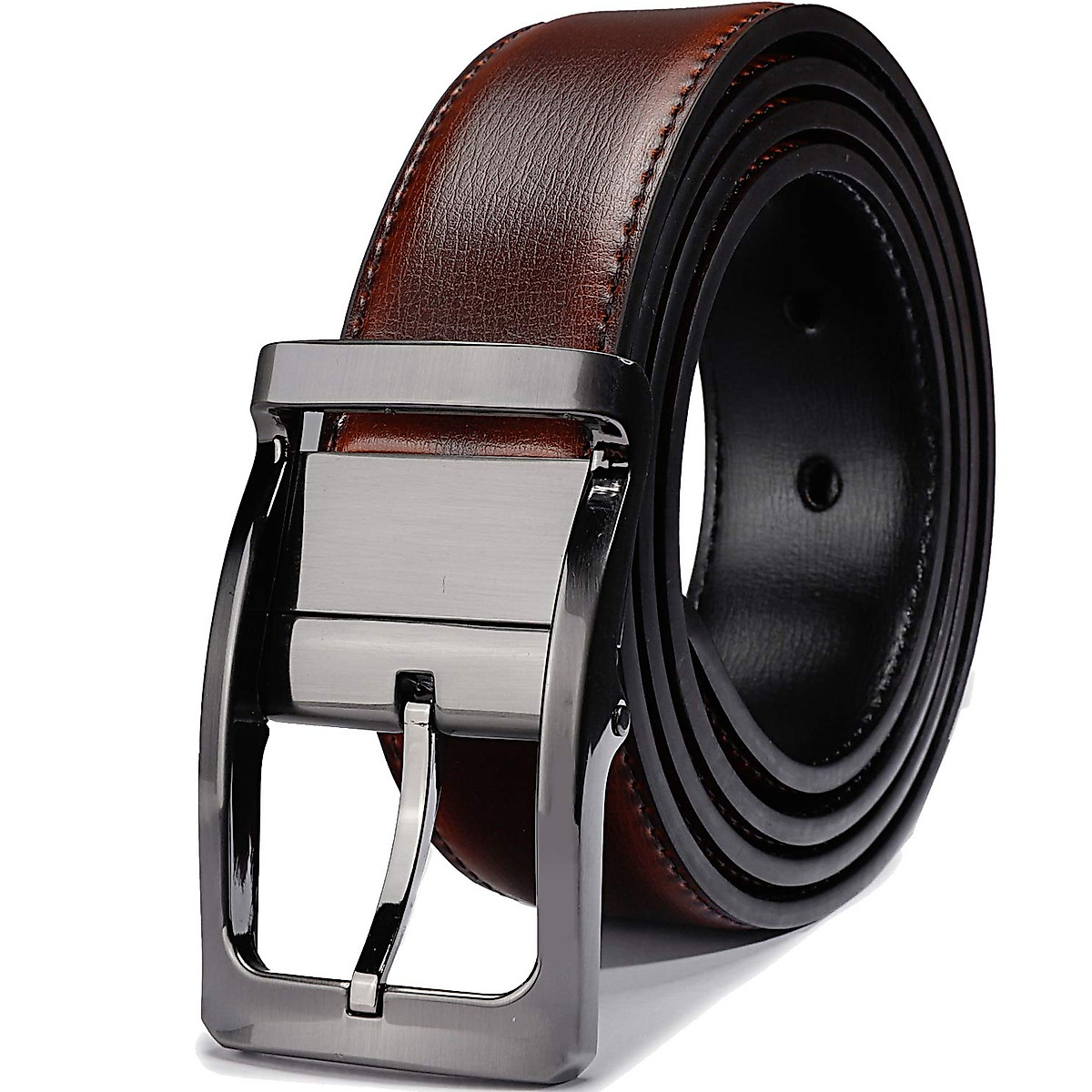 Belts for Men Reversible Leather 1.25” Waist Strap Fashion Dress Buckle Beltox (Rectangle Rotated Buckle with Burnt Umber/Black Belt, 36-38)
