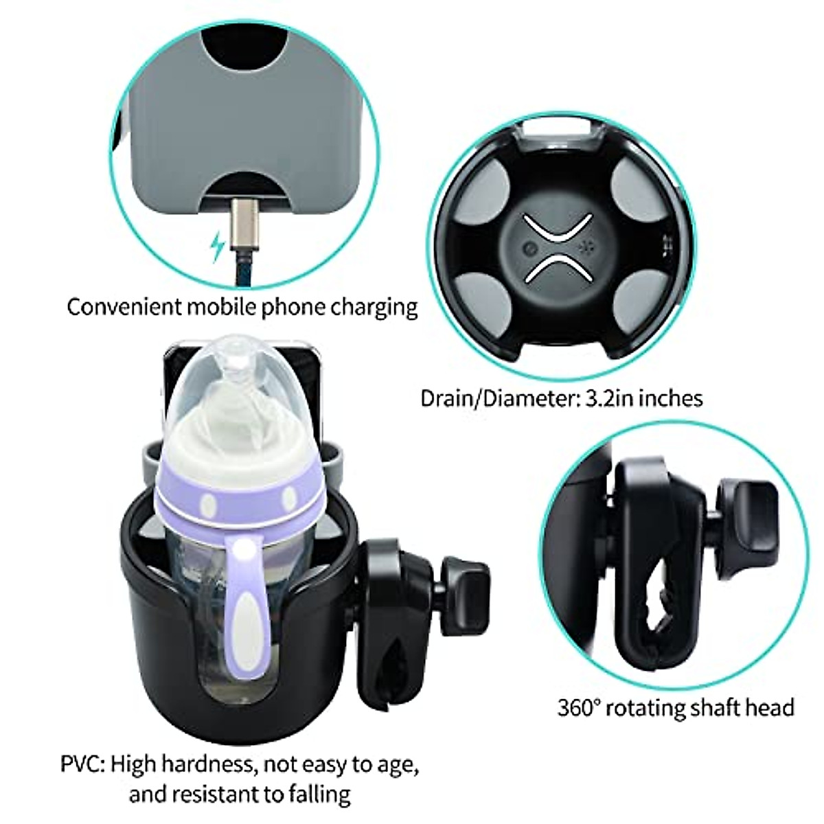 Stroller Cup Holder with Phone Holder, Bike Cup Holder, Cup Holder for Uppababy, Nuna Stroller, 2-in-1 Universal Cup Phone Holder for Stroller, Bike, Wheelchair, Walker, Scooter (Gery)