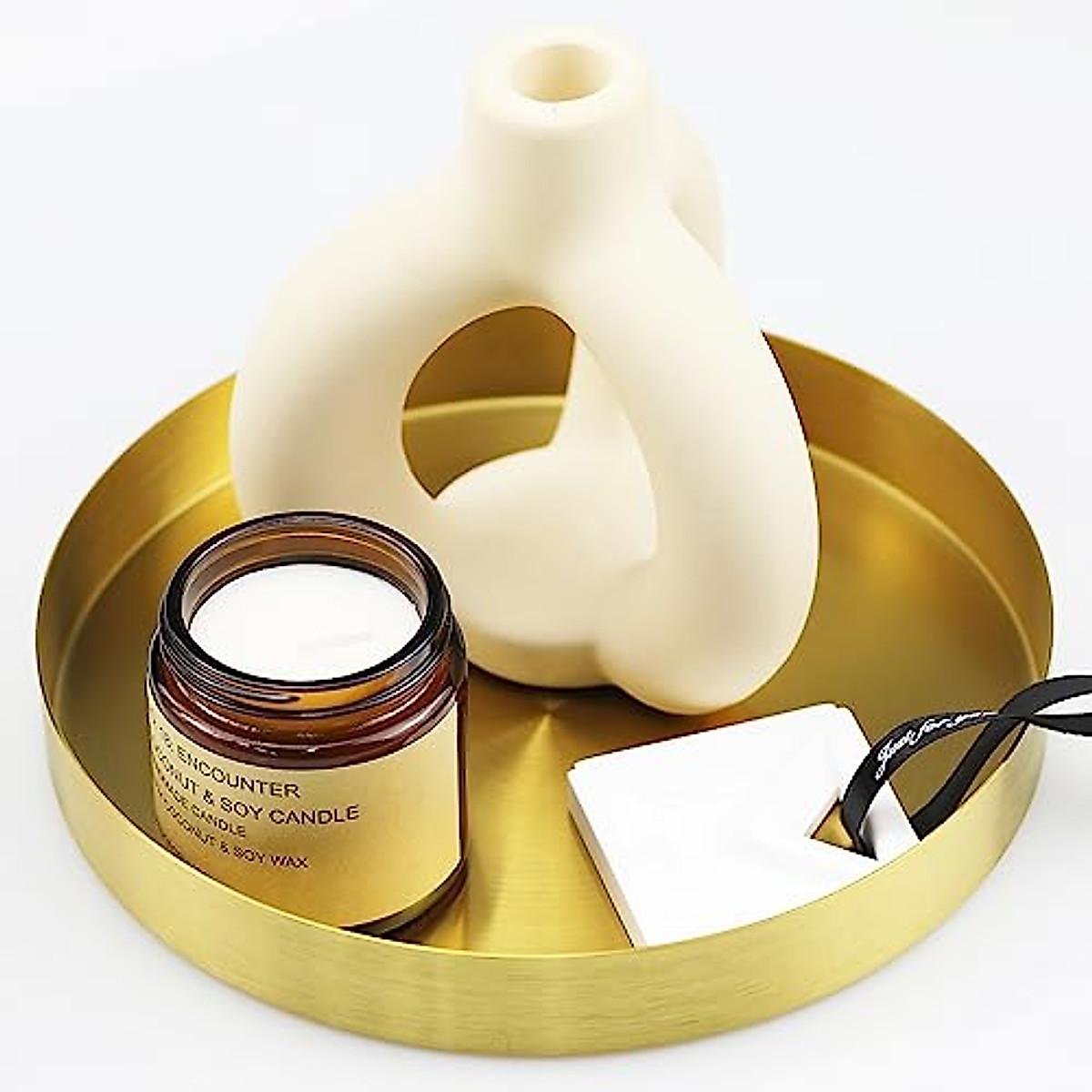 Yakison Brushed Metal Decorative Tray, for Coffee Table Living Room Kitchen Countertop Nightstand Centerpiece Bathroom Decorations, Gold Round Serving Platter Perfume Candle (Brass 7.8 inch)