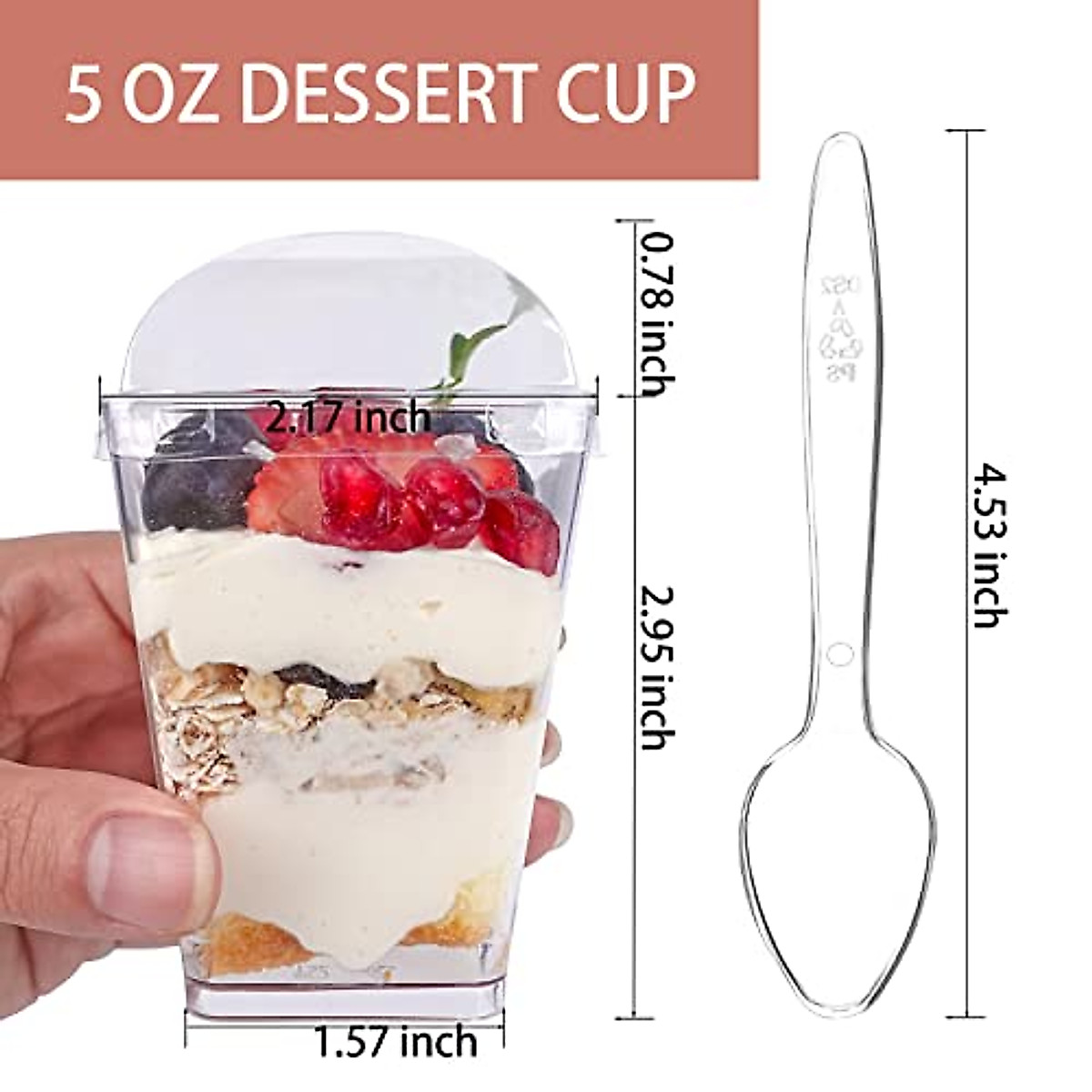 Hiasobre 50Pack 5oz Clear Plastic Dessert Cups with Lids and Spoons, Reusable Square Parfait Appetizer Cups, Party Trifle Shooter Serving Cups, Mini Dessert Shot Glasses for Tasting