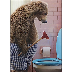 Avanti Press Bear Holding Toilet Plunger Over Blue Toilet Gross Funny/Humorous Birthday Card