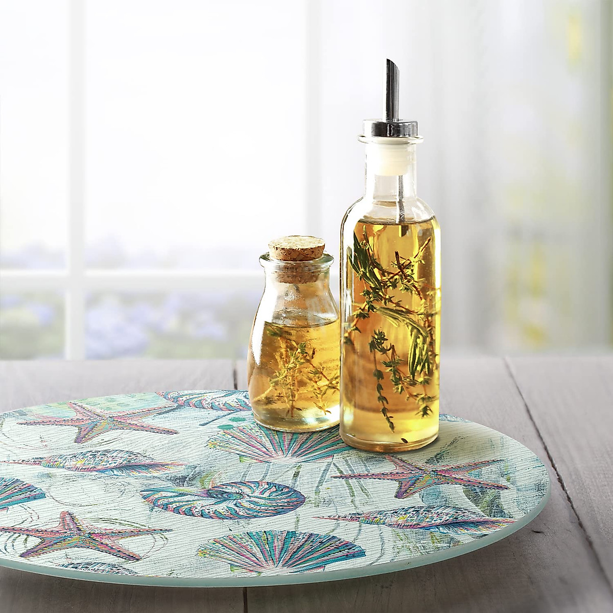 CounterArt Jewels of The Sea 4mm Heat Tolerant Tempered Glass Lazy Susan Turntable 13" Diameter Cake Plate Condiment Caddy Pizza Server