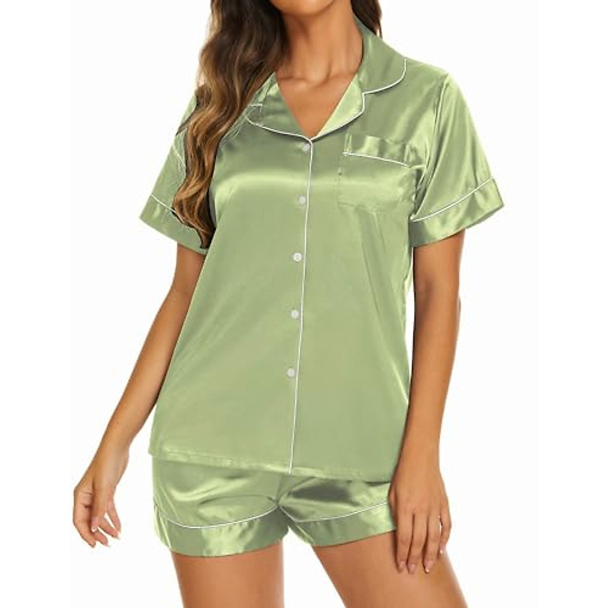 Ekouaer Womens Satin Silk Pajamas Set Short Sleeve Button Down Top and Shorts Sleepwear 2 Piece Pjs Set,Aqua Green,Small