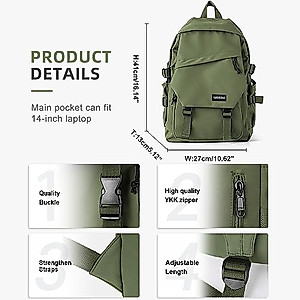KEYEMP Casual Daypack Cute School Backpacks for Men Women Lightweight Durable Bookbag for High Middle School, Fashion Travel Bag, Gift,Olive Green
