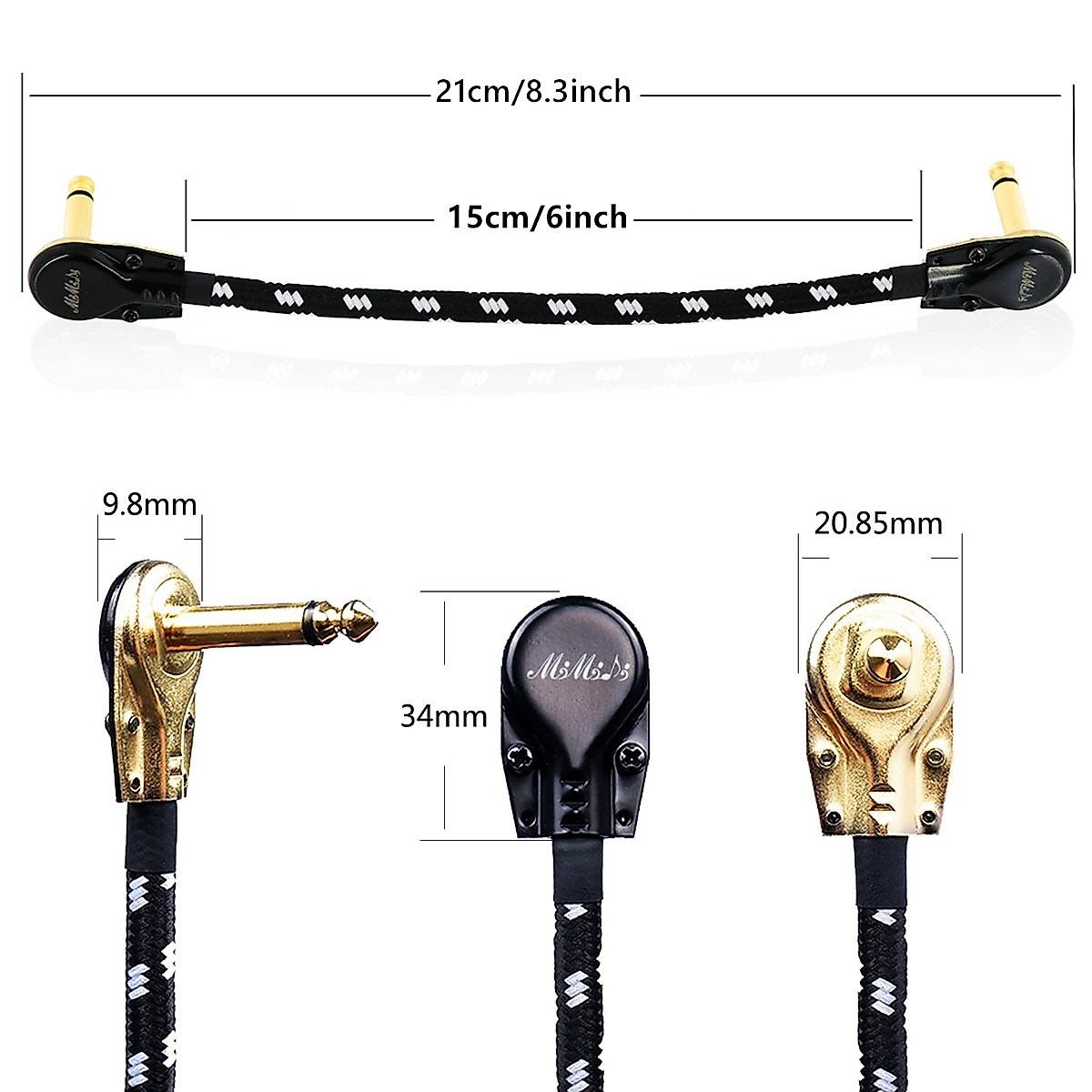 MIMIDI Guitar Patch Cables, 6 inch Tweed Flat Low Profile Pedal Cable 3-Pack, Low Noise 1/4 Inch Pancake Pedal Patch Cable for Instrument Effects and Pedal Boards (3 Pack Blackwhite)