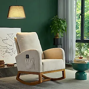 Pannow Upholstered Rocking Chair Mid-Century, Modern Nursery Rocking Armchair, Upholstered Tall Back Accent Glider Rocker with 2-Side Pocket for Bedroom Living Room Lounge