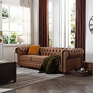TARTOP Classic Chesterfield Sofa Leather, Modern PU Tufted Couch 3 Seater with Rolled Arms and Nailhead for Living Room, Bedroom, Office, Apartment,Brown