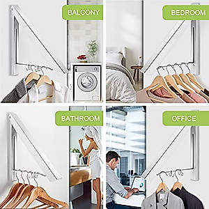 LIVEHITOP Wall Mounted Clothes Hanger, Foldable Clothes Airer Coat Rail Space Saving Dryer Rack for Laundry Bedroom Hotel RV (Silver)