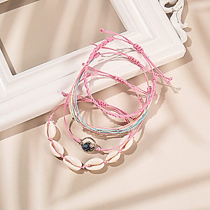 FANCY SHINY Wave String Bracelets Braid Puka Shell Bead Bracelets Handmade Cute Trendy Boho Jewelry Gifts for Women(Pink)