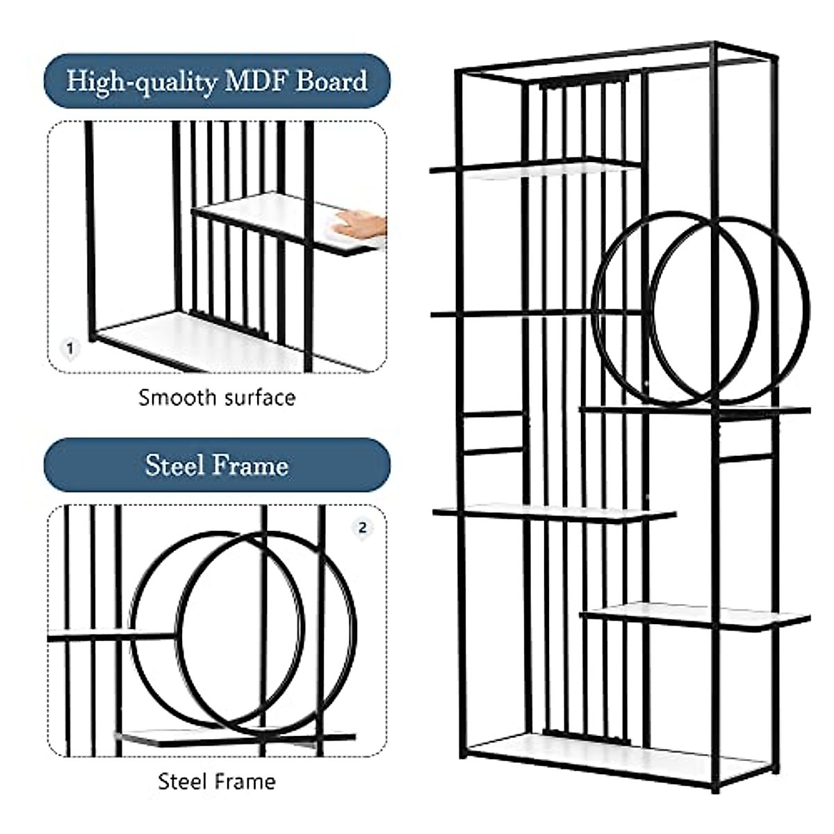 MengK 6-Tier Open Bookshelf with Metal Frame | Large White Bookcase for Home Office Storage