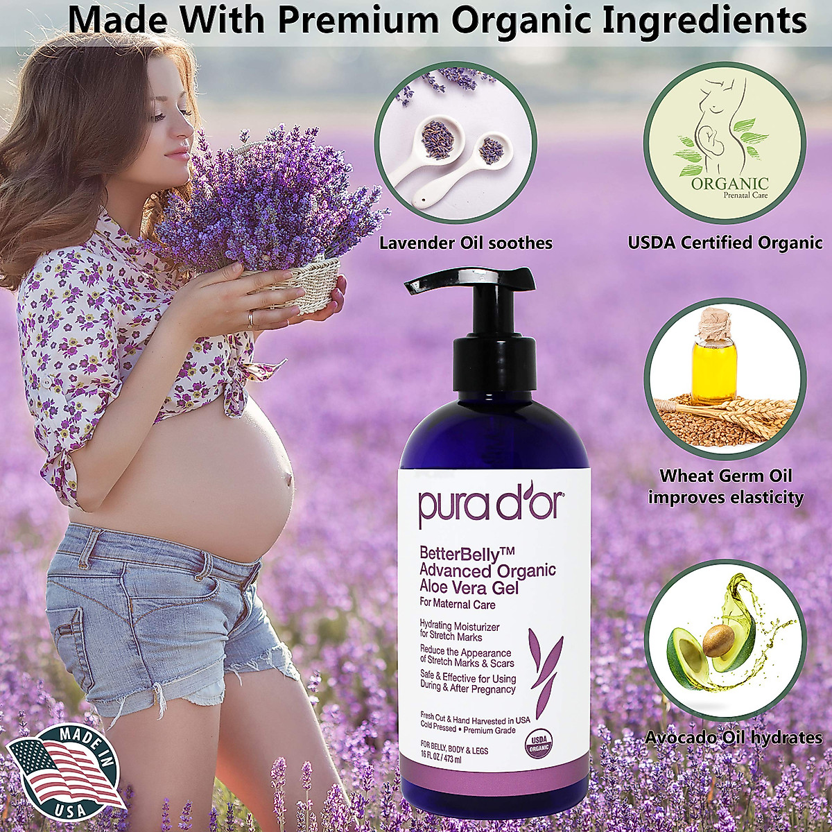 PURA D'OR BetterBelly Advanced Organic Aloe Vera Gel (16 fl oz / 473 mL) For Maternal Care - Hydrating Moisturizer, Reduces Appearance of Scars & Stretch Marks - For Belly, Body, and Legs