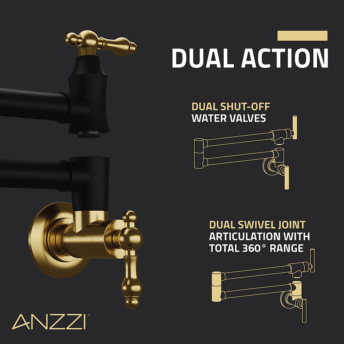Anzzi Wall Mount Pot Filler Faucet, Double Joint Swing Arms, Single Hole, Solid Brass Interior, Stainless Steel Finish, Matte Black & Brushed Gold, 2 Handle (KF-AZ259MBBG)