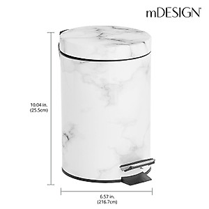 mDesign Extra Small Modern 3-Liter/.7 Gallon Round Metal Lidded Step Trash Can, Compact Garbage Bin with Removable Liner Bucket and Handle for Bathroom, Kitchen, Office, Garage - White Marble Print