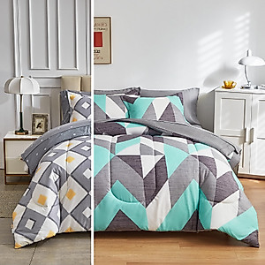 Comforter Sheet Set 7 Pieces Geometry Colorful White Gray Teal Blue Bedding Set (1 Comforter 2 Pillow Shams 1 Flat Sheet 1 Fitted Sheet 2 Pillowcases)