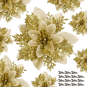 15 PCS Gold Poinsettia Flower Artificial Poinsettia with Clips Christmas Decor Glitter Poinsettia Christmas Ornaments Christmas Tree Flower Decorations with Stems DIY Xmas Wreath Holiday Party Decor