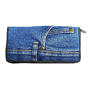 Bijoux De Ja Upcycling Blue Denim Money Zip Around Wallet Wristlet Purse Clutch for Women