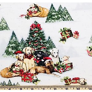 1 Yard - Christmas Puppies Puppy Dogs on Snowy Scene Cotton Fabric (Great for Quilting, Throws, Sewing, Craft Projects, and More) 1 Yard x 44"