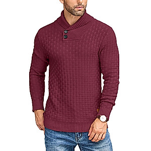 COOFANDY Men's Shawl Collar Sweaters V-Neck Relaxed Fit Basket Knitted Pullovers Wine Red