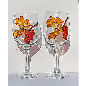 Oak Leaves Acorns Hand Painted Wine Glasses Set of 2 Fall Decor
